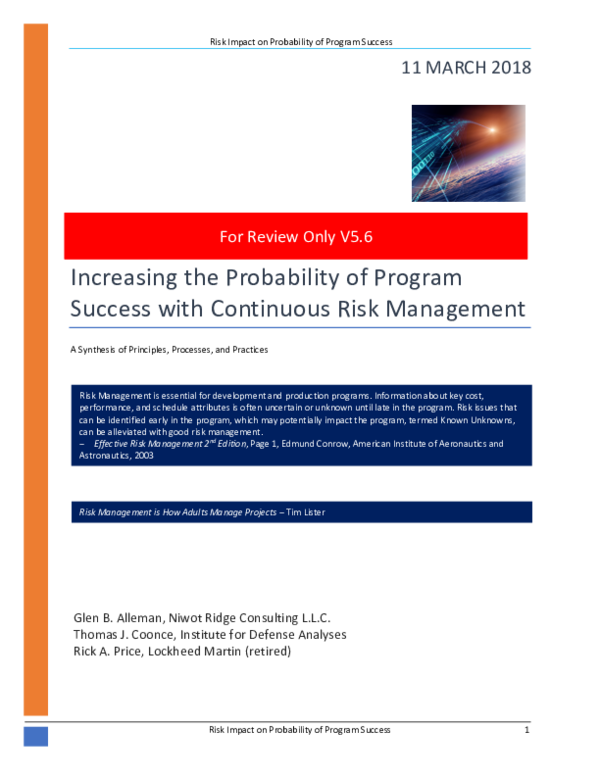 (PDF) Increasing the Probability of Program Success with Continuous Risk Management
