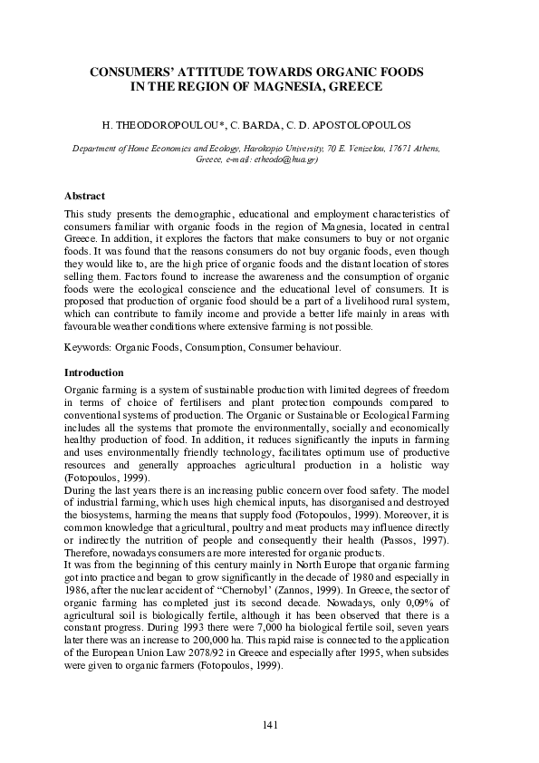 (PDF) Consumers’ attitude towards organic foods in the region of Magnesia, Greece