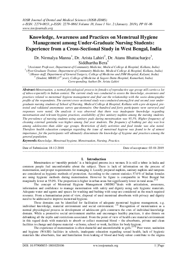 Pdf Knowledge Awareness And Practices On Menstrual Hygiene