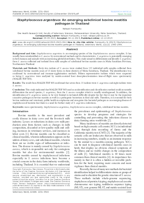 (PDF) Staphylococcus argenteus: An emerging subclinical bovine mastitis ...