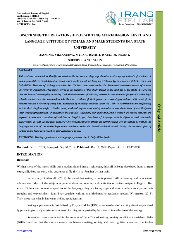 (PDF) DISCERNING THE RELATIONSHIP OF WRITING APPREHENSION LEVEL AND ...