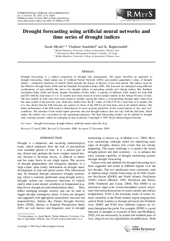 (PDF) Drought forecasting using artificial neural networks and time series of drought indices