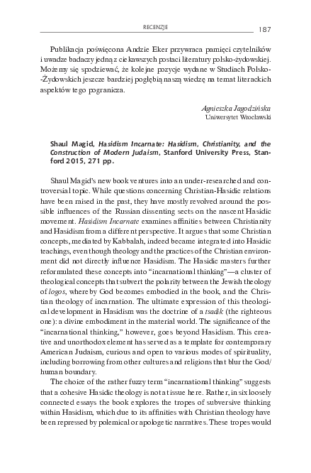 (PDF) Shaul Magid, Hasidism Incarnate: Hasidism, Christianity, and the ...