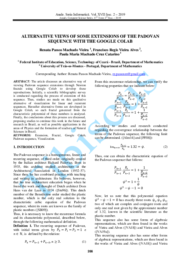 (PDF) ALTERNATIVE VIEWS OF SOME EXTENSIONS OF THE PADOVAN SEQUENCE WITH THE GOOGLE COLAB