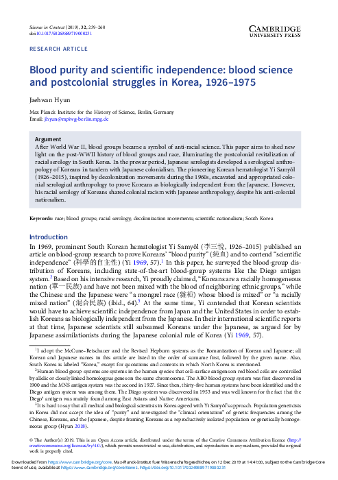 (PDF) Blood purity and scientific independence: blood science and ...