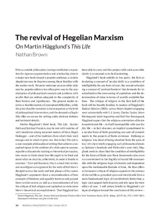 (PDF) The Revival of Hegelian Marxism: On Martin Hägglund's This Life