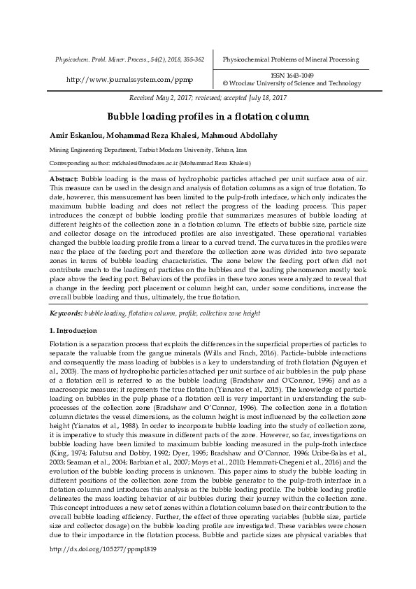 (PDF) Bubble loading profiles in a flotation column