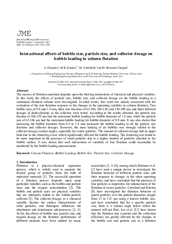 (PDF) Interactional effects of bubble size, particle size, and collector dosage on bubble ...