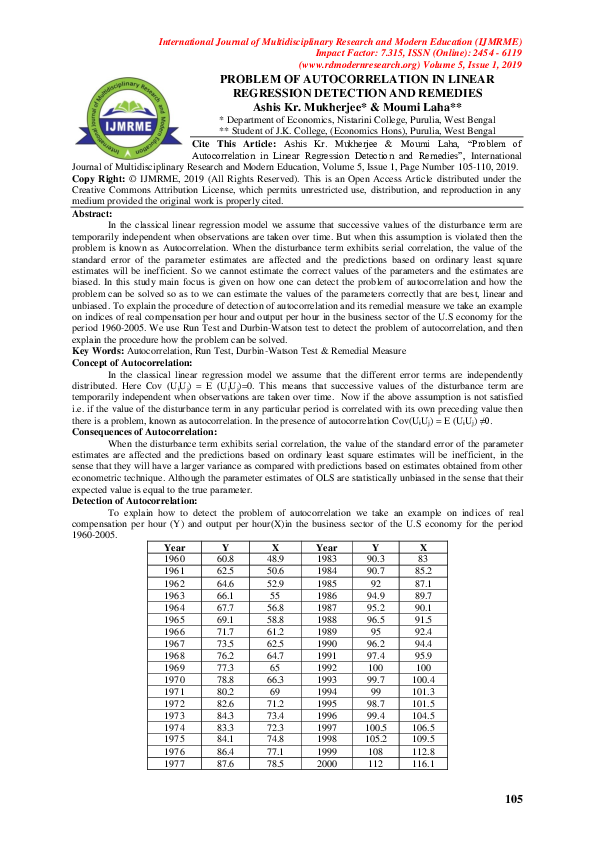 (PDF) 05 PROBLEM OF AUTOCORRELATION IN LINEAR REGRESSION DETECTION AND REMEDIES