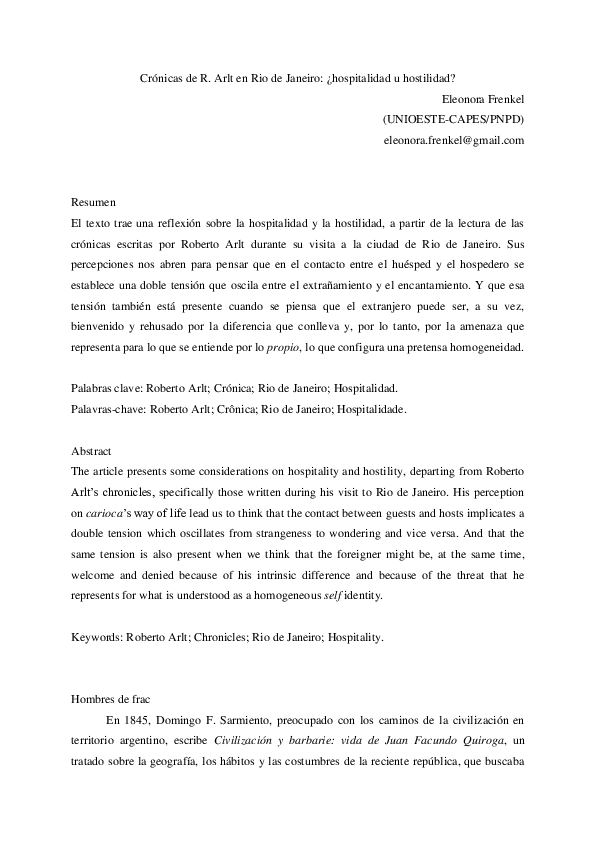 (PDF) Crónicas de Roberto Arlt en Rio de Janeiro ?hospitalidad u ...
