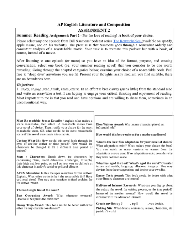 (DOC) AP English Literature and Composition ASSIGNMENT 2