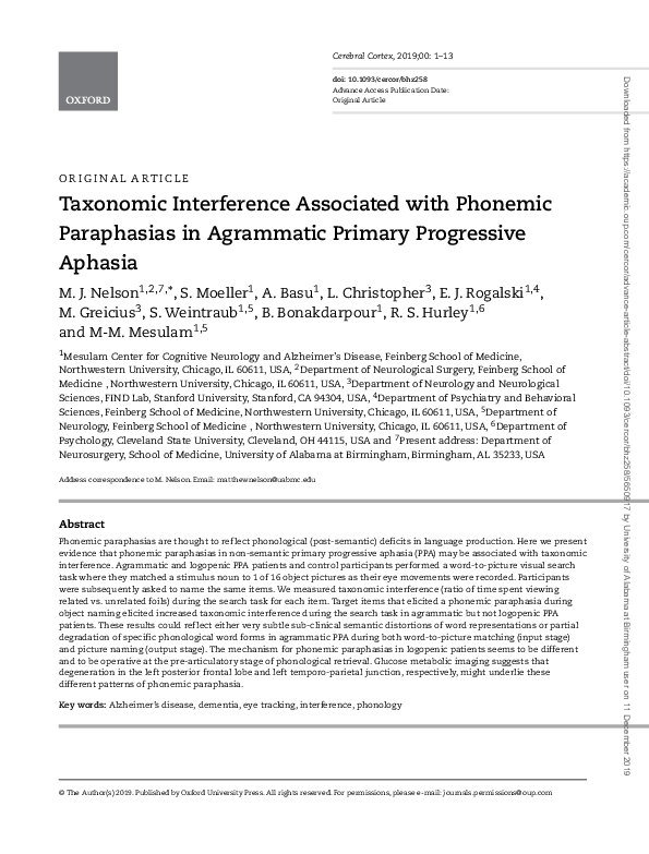 (PDF) Taxonomic Interference Associated with Phonemic Paraphasias in ...