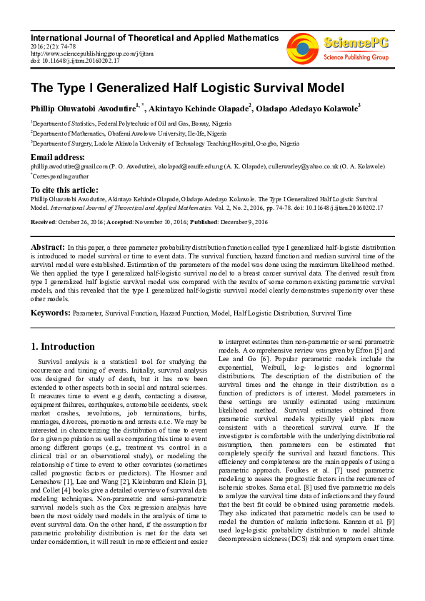 (PDF) The Type I Generalized Half Logistic Survival Model