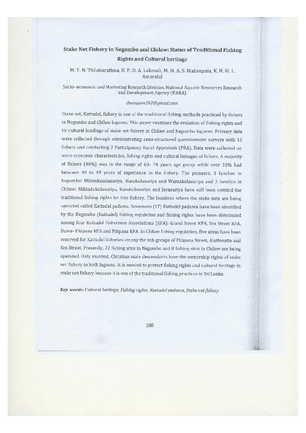 (PDF) Stake Net Fishery in Negombo and Chilaw: Status of Traditional ...
