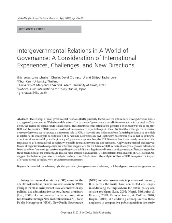 (PDF) Intergovernmental Relations in A World of Governance: A ...