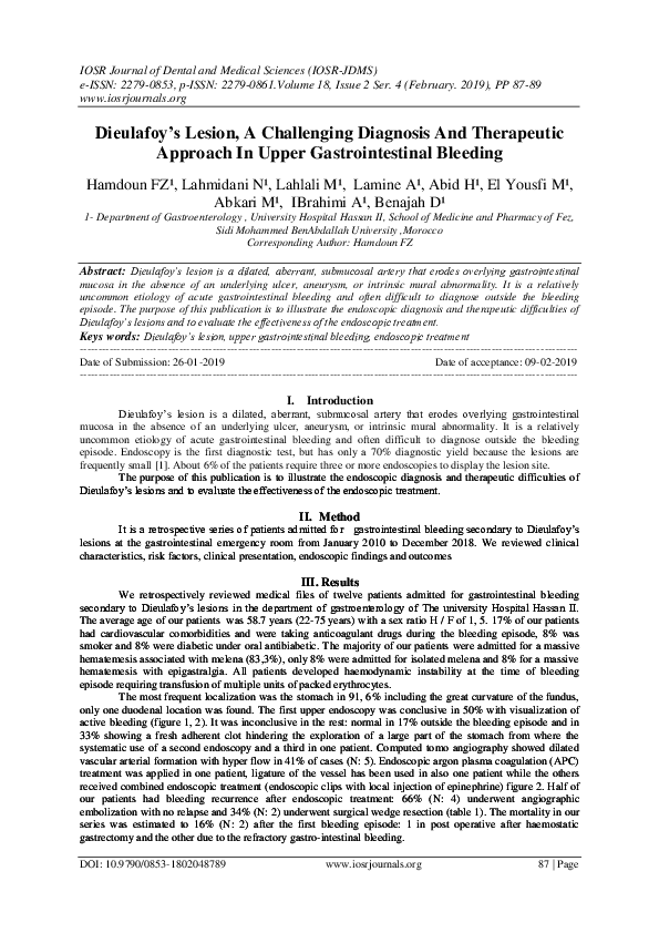 (PDF) Dieulafoy's Lesion, A Challenging Diagnosis And Therapeutic ...
