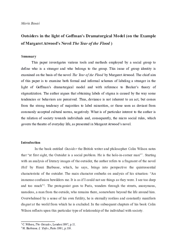 (DOC) Outsiders in the light of Goffman's Dramaturgical Model (on the ...