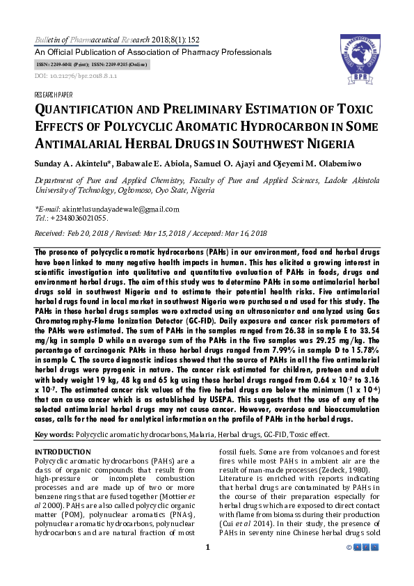 (PDF) QUANTIFICATION AND PRELIMINARY ESTIMATION OF TOXIC EFFECTS OF ...