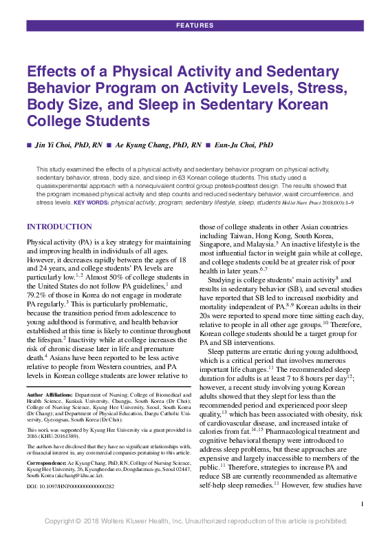 (PDF) Effects of a Physical Activity and Sedentary Behavior Program on Activity Levels, Stress ...