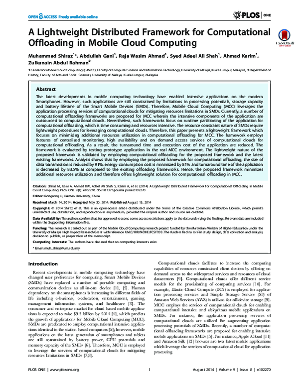 Pdf A Lightweight Distributed Framework For Computational Offloading In Mobile Cloud Computing