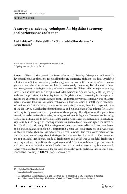 (PDF) A survey on indexing techniques for big data: taxonomy and performance evaluation