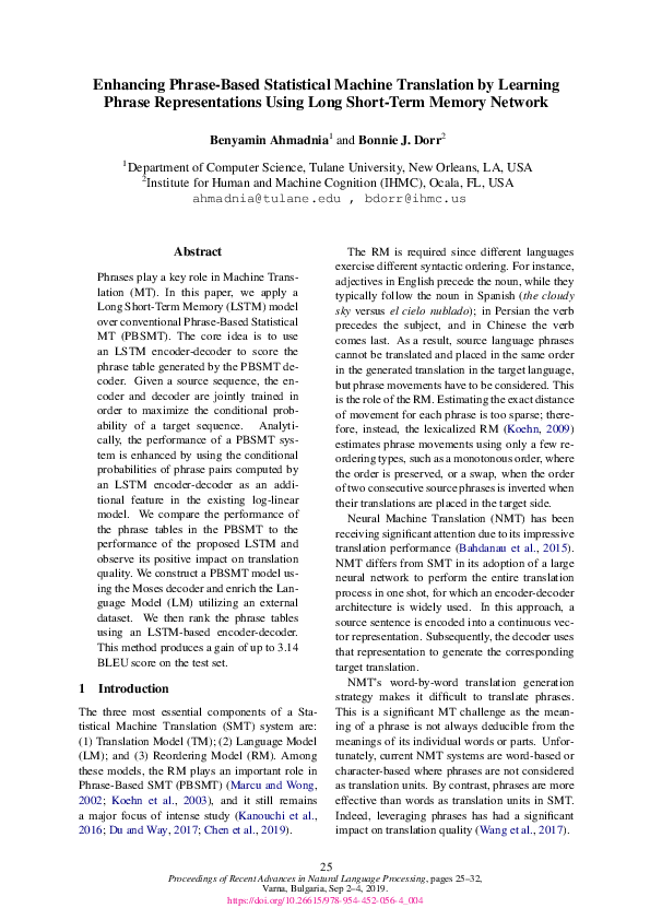 (PDF) Enhancing Phrase-Based Statistical Machine Translation by Learning Phrase Representations ...