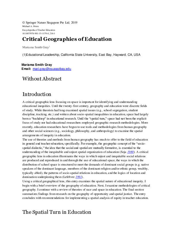 (PDF) Critical Geographies of Education Without Abstract Introduction
