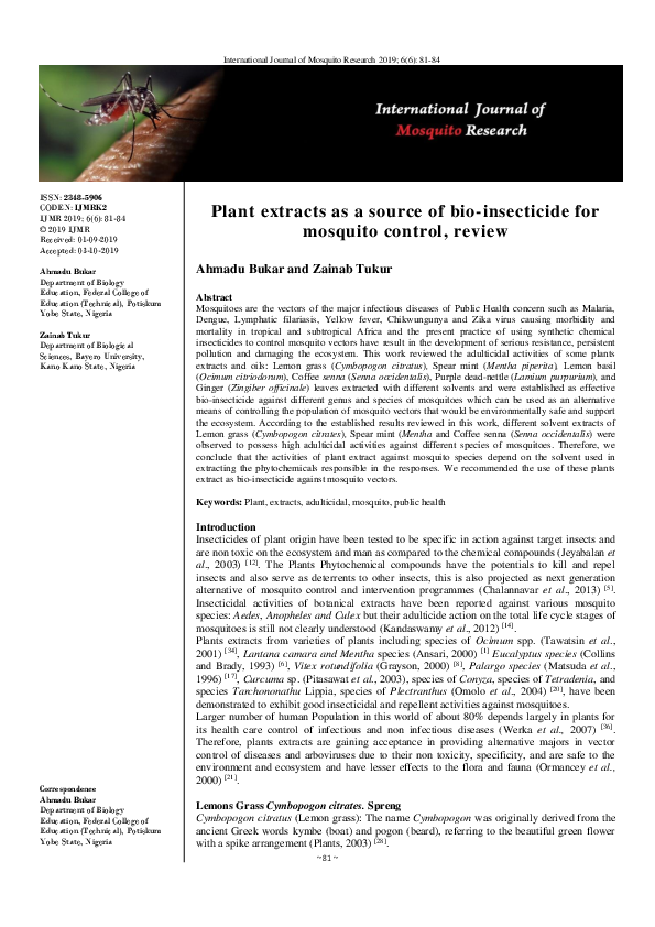 (PDF) Plant extracts as a source of bio-insecticide for mosquito ...