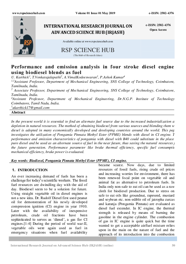 Pdf Performance And Emission Analysis In Four Stroke Diesel Engine Using Biodiesel Blends As Fuel