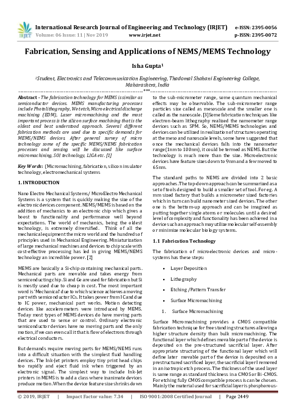 (PDF) IRJET- Fabrication, Sensing and Applications of NEMS/MEMS Technology