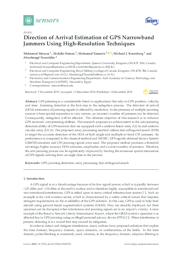 (PDF) Direction of Arrival Estimation of GPS Narrowband Jammers Using High-Resolution Techniques