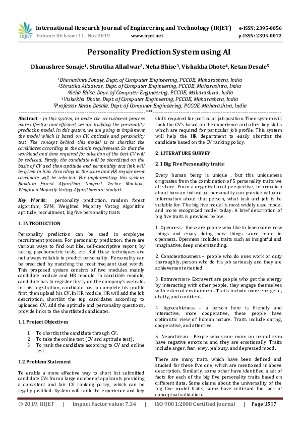 (PDF) IRJET- Personality Prediction System using AI