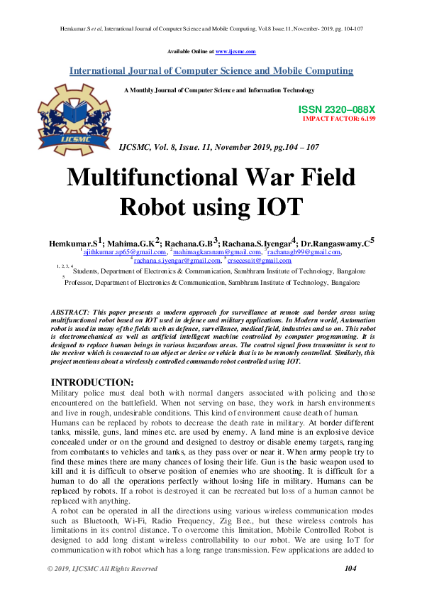 (PDF) Multifunctional War Field Robot using IOT﻿