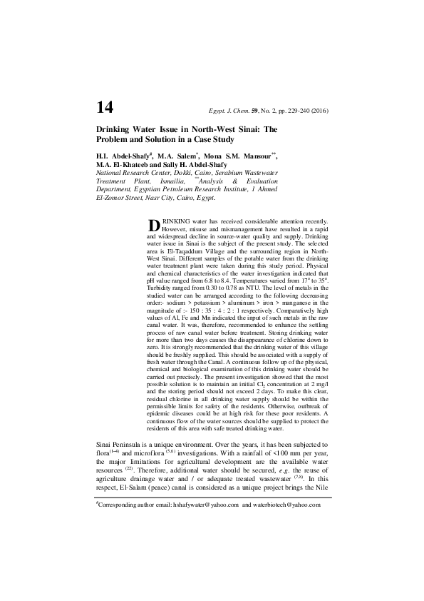 (PDF) D Drinking Water Issue in North-West Sinai: The Problem and ...