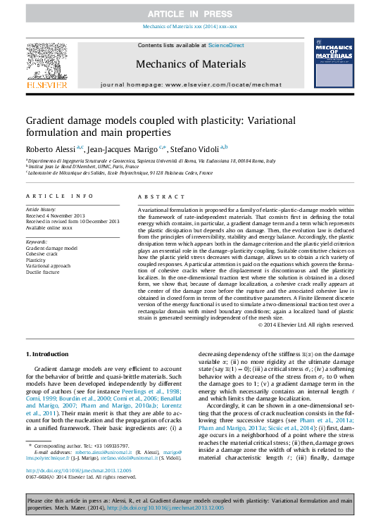 (PDF) Gradient damage models coupled with plasticity: Variational formulation and main properties