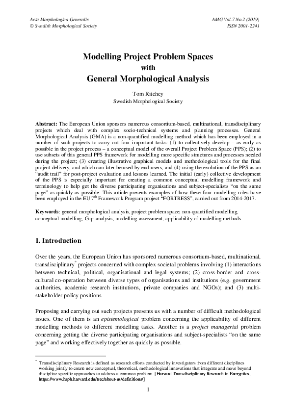 (PDF) Modelling Project Problem Spaces with General Morphological Analysis
