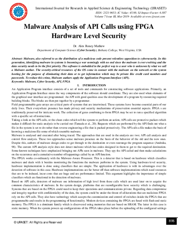 (PDF) Malware Analysis of API Calls using FPGA Hardware Level Security