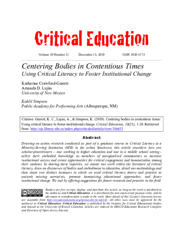(PDF) Critical Education Centering Bodies in Contentious Times Using ...