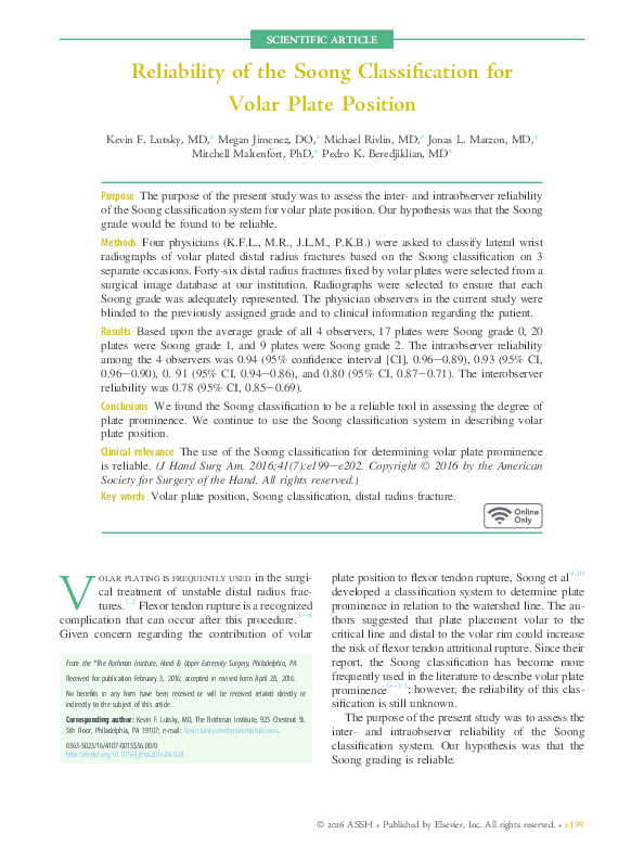 (PDF) Reliability of the Soong Classification for Volar Plate Position