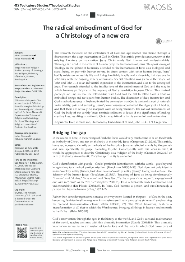 (PDF) The radical embodiment of God for a Christology of a new era