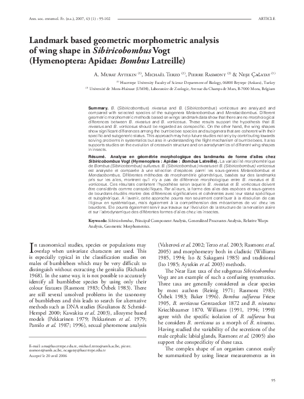 (PDF) Landmark based geometric morphometric analysis ofwing shape in Sibiricobombus Vogt ...