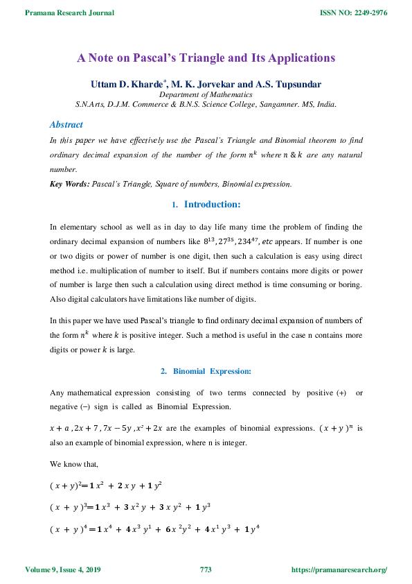 (PDF) A Note on Pascal's Triangle and Its Applications