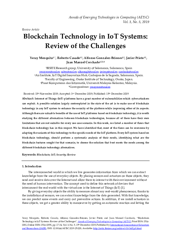 Pdf Blockchain Technology In Iot Systems Review Of The Challenges
