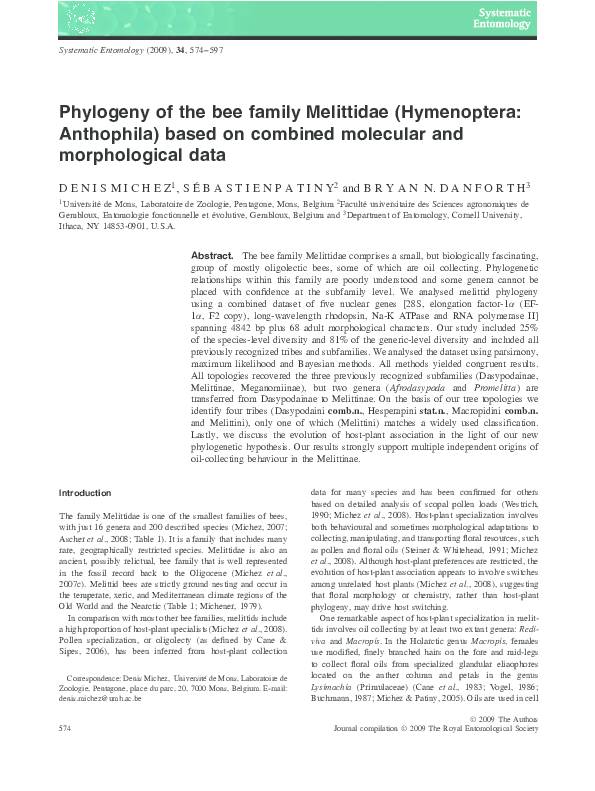 (PDF) Phylogeny of the bee family Melittidae (Hymenoptera: Anthophila ...