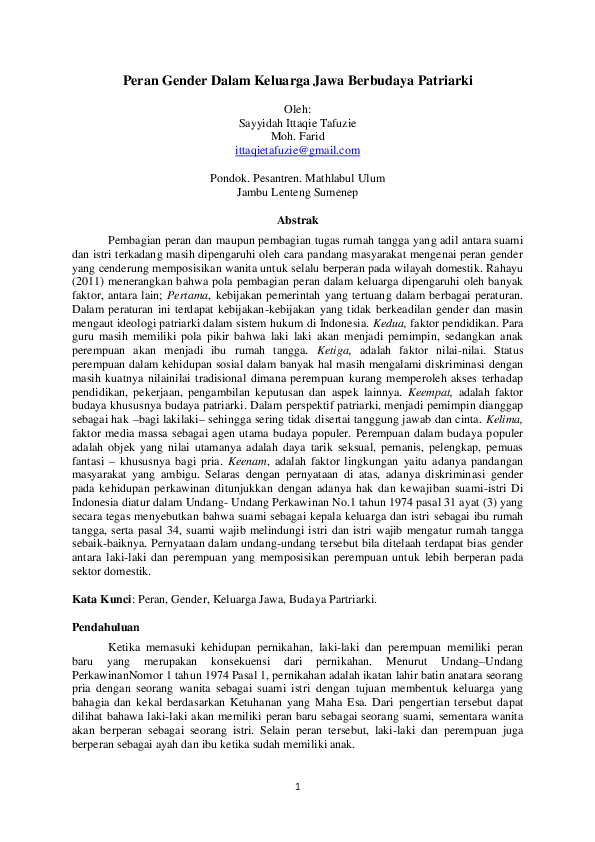 (PDF) Peran Gender Dalam Keluarga Jawa Berbudaya Patriarki