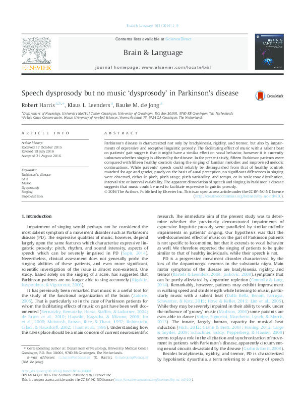 (PDF) Speech dysprosody but no music 'dysprosody' in Parkinson's disease