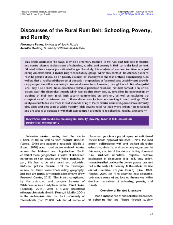(PDF) Discourses of the Rural Rust Belt: Schooling, Poverty, and Rurality