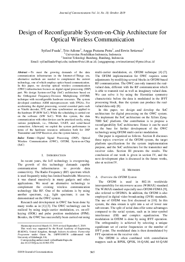 Pdf Design Of Reconfigurable System On Chip Architecture For Optical Wireless Communication