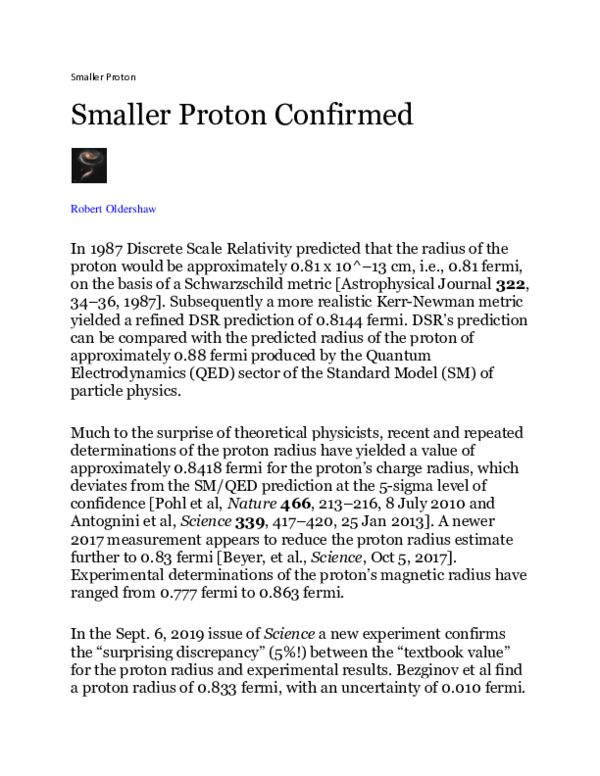 (PDF) Smaller Proton Smaller Proton Confirmed | Robert L. Oldershaw ...