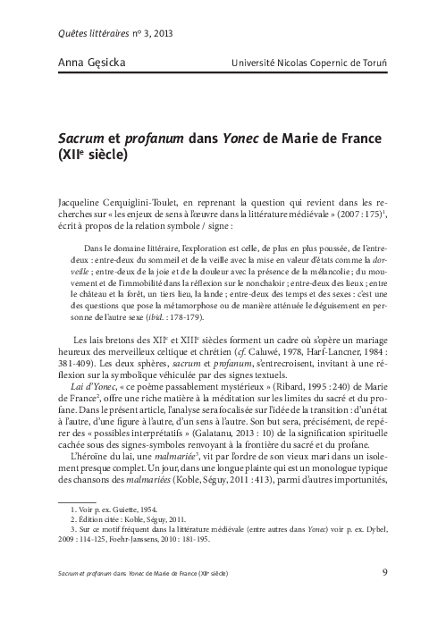 (PDF) Sacrum et profanum dans Yonec de Marie de France (XIIe siècle)